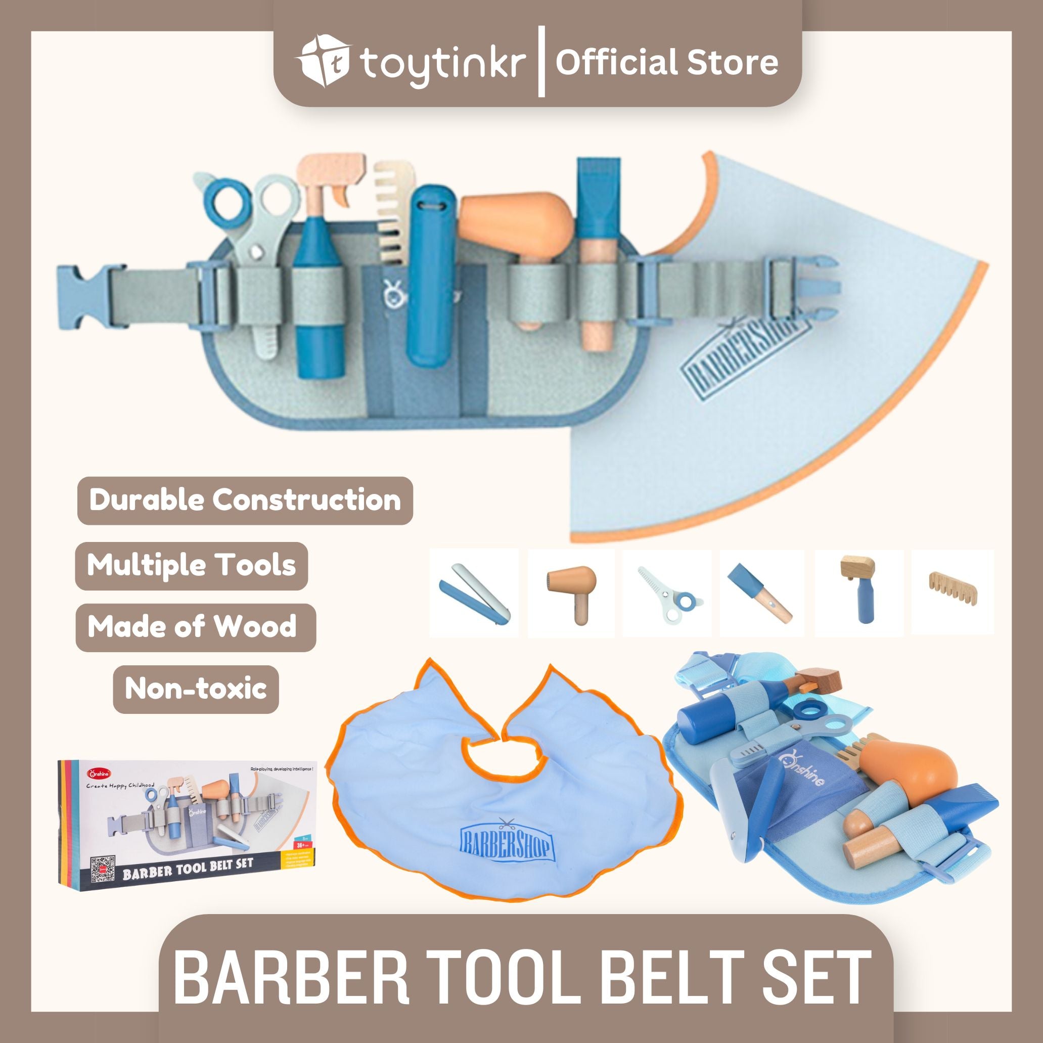 Wooden Barber Tool Set Belt by Toytinkr